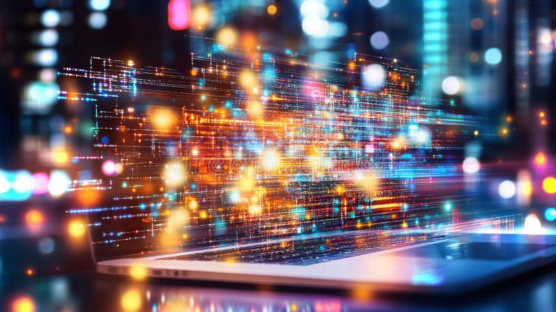 AI Technology Visualized on a Laptop Against a Cityscape Backdrop Stock ...
