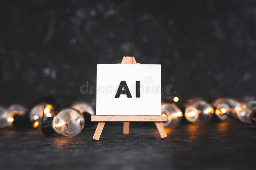 AI Text on Canvas on Easel with Light Bulbs Around it, Art and Machine ...