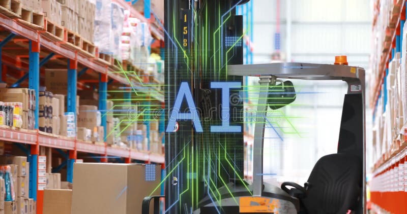 AI Text and Digital Lines Over Warehouse with Shelves and Forklift ...