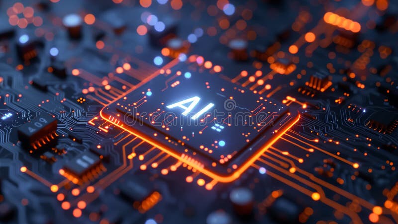 AI Text on Glowing Chip on Circuit Board with Orange and Blue Neon ...