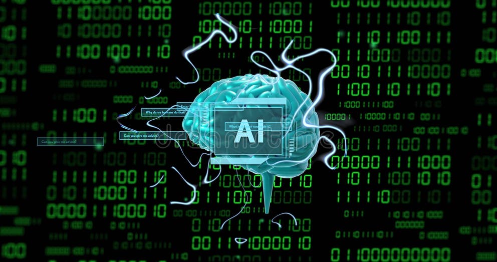 AI Text Over Digital Brain and Binary Code Background Stock Illustration - Illustration of brain ...