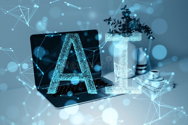 AI-themed Modern Desk Setup with Holographic Elements on a Laptop and ...