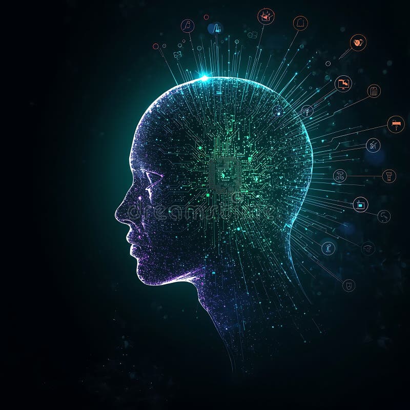 AI Thinking Process, Human Head Profile with Digital Circuitry ...