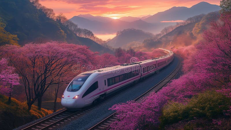 AI, a Train Pass through Plum Blossom To Spring Stock Illustration ...
