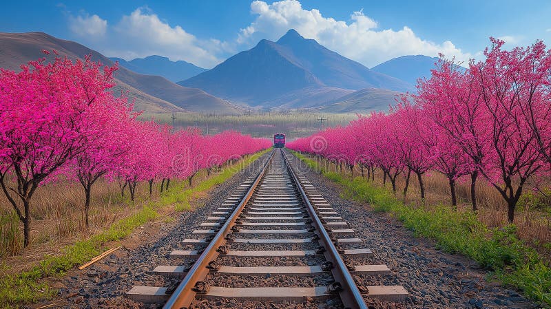 AI, a Train Pass through Plum Blossom To Spring Stock Illustration ...