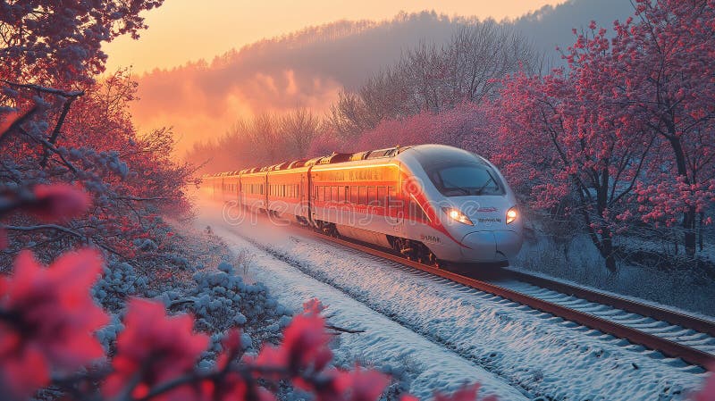 AI, a Train Pass through Plum Blossom To Spring Stock Illustration ...