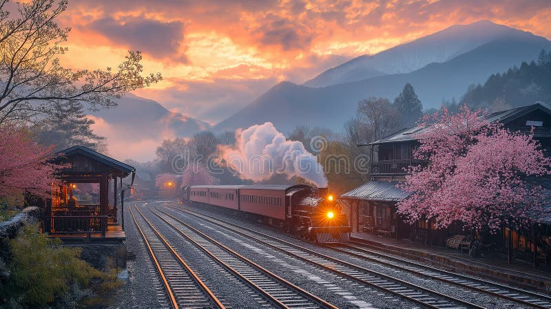 AI, a Train Pass through Plum Blossom To Spring Stock Illustration ...