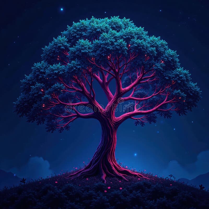 AI Tree with Vibrant Circuits Digital Forest at Night Growth Network ...