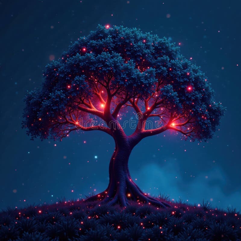 AI Tree with Vibrant Circuits, Digital Forest at Night, Network ...