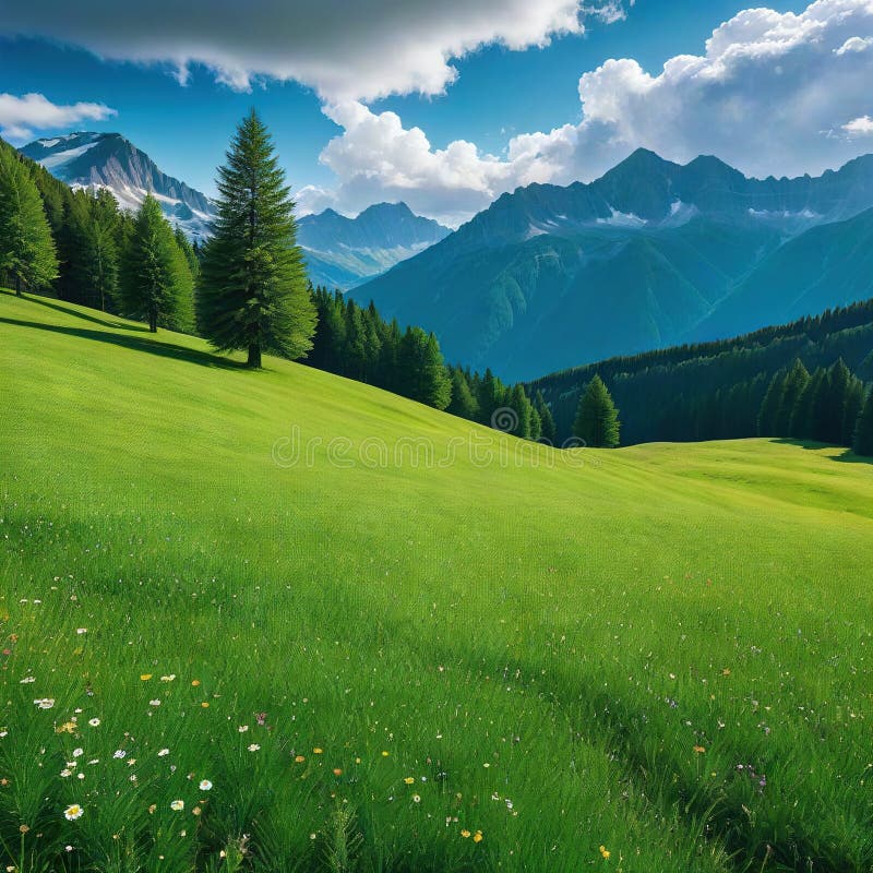 AI View of an Alpine Simple with Meadows and Alpine Mountains in the Background Stock ...
