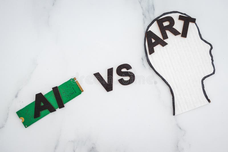AI Vs Art Text with Microchip and Head Icon, Artificial Intelligence ...