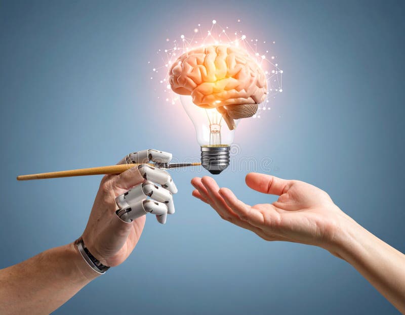 AI Vs Human Creativity Concept with Paintbrush and Glowing Brain Stock ...