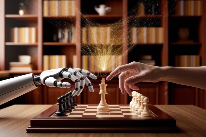 Ai Vs Human: Robotic and Human Hands Playing Chess in Intellectual Duel Stock Illustration ...