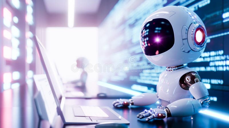 Futuristic Humanoid Robot Interacting Computer Office Setting Stock ...