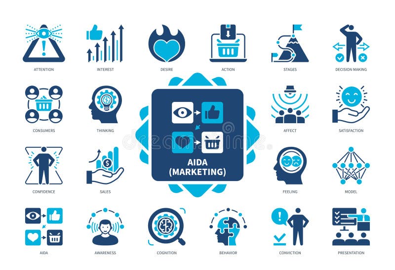 AIDA solid icon set stock illustration. Illustration of customer ...