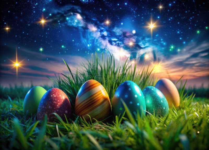 AIGenerated Easter Scene Colorful Decorated Eggs Sparkle Under a Starry ...