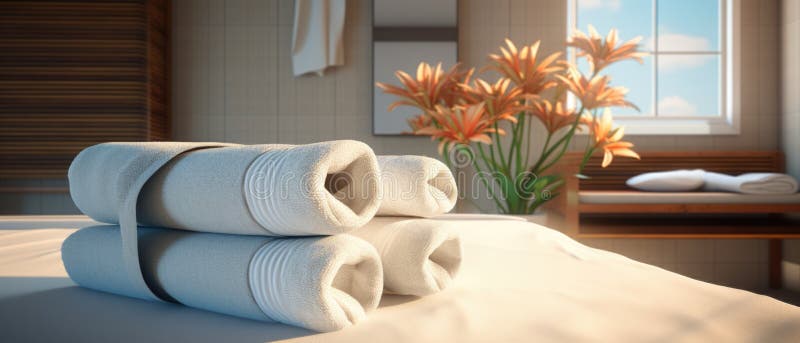Aigenerated Hotel Room with Fresh Towels on Bed Stock Illustration ...