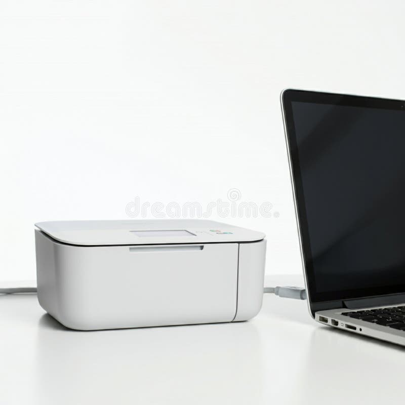 AIGenerated White Printer Connected To Laptop with Grey Cord on White ...