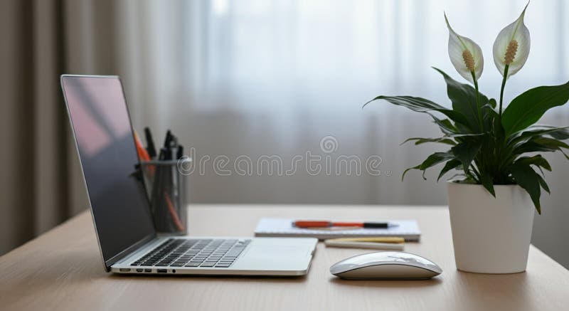 AIGenerated Workspace Mockup with Laptop, Mouse, Notepad, and Peace ...