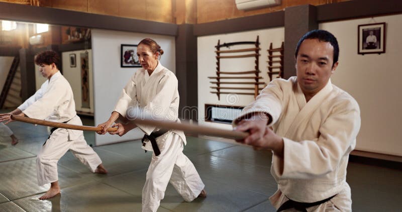 Aikido, Black Belt or Fight Class with Weapon in Training or Physical ...