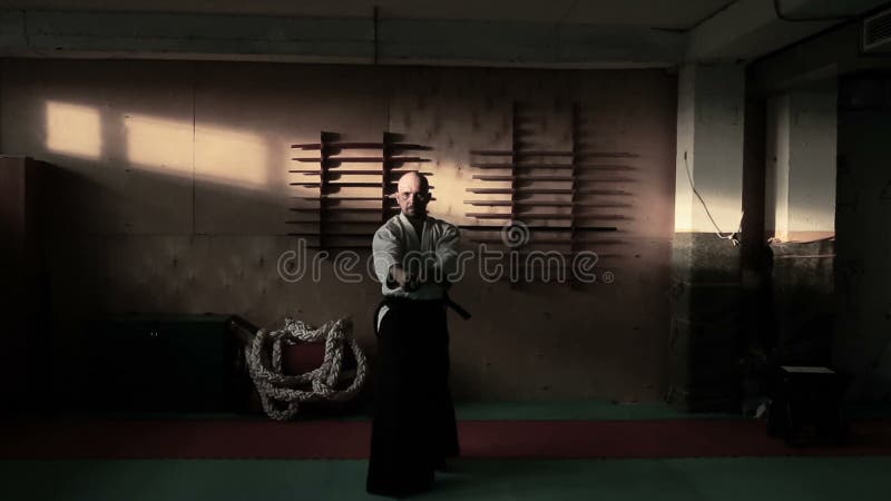 Aikido Fighter with Sword at Sports Hall Stock Footage - Video of ...