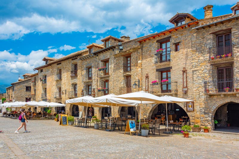 Ainsa, Spain, May 31, 2022: Plaza Mayor in Spanish Village Ainsa ...