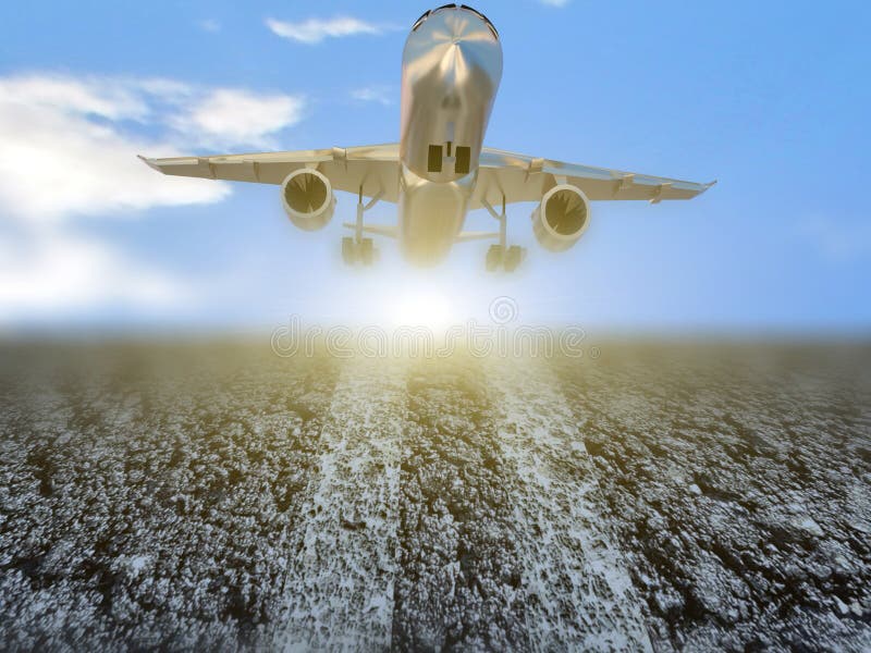 Aiplane Plane Taking Off Departure Sun Beams - 3d Rendering Stock ...