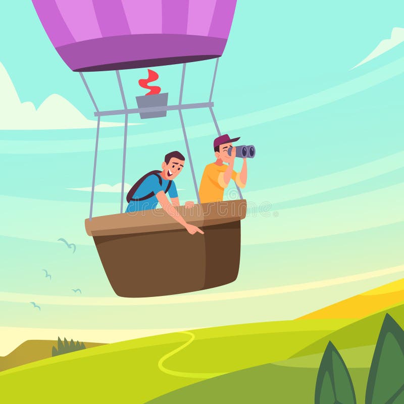 Air Balloon Travellers. People Flying and Sky Exploring Stock ...
