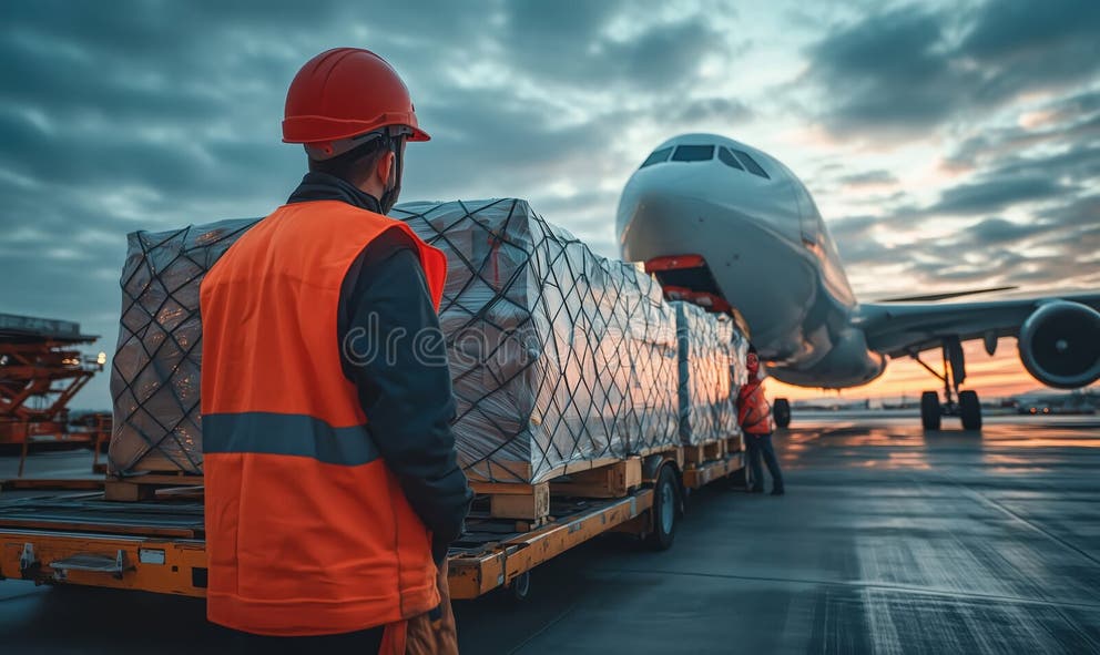 Air Cargo Loading at Sunset with Workers and Airplane on Runway Stock ...