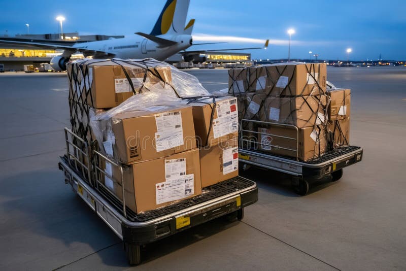 Air Cargo Packages Wrapped on Carts at an Airport during Evening ...