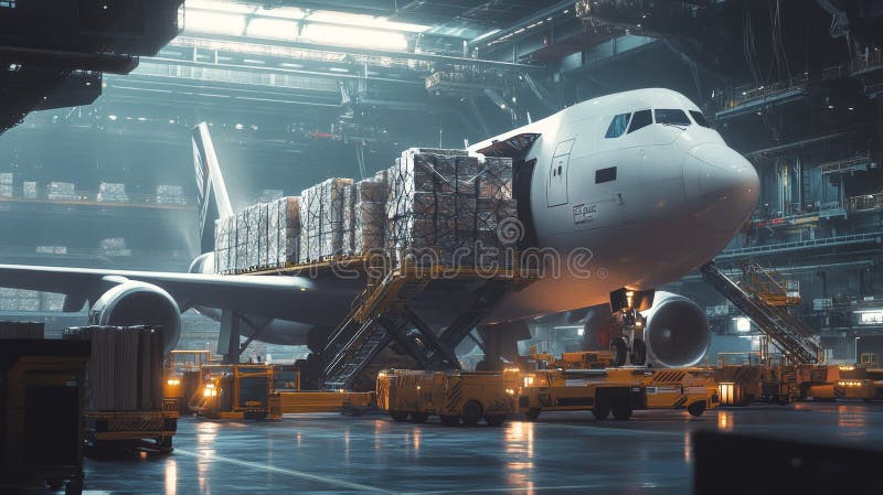 Air Cargo Plane Being Loaded with Goods in Modern Warehouse Stock ...