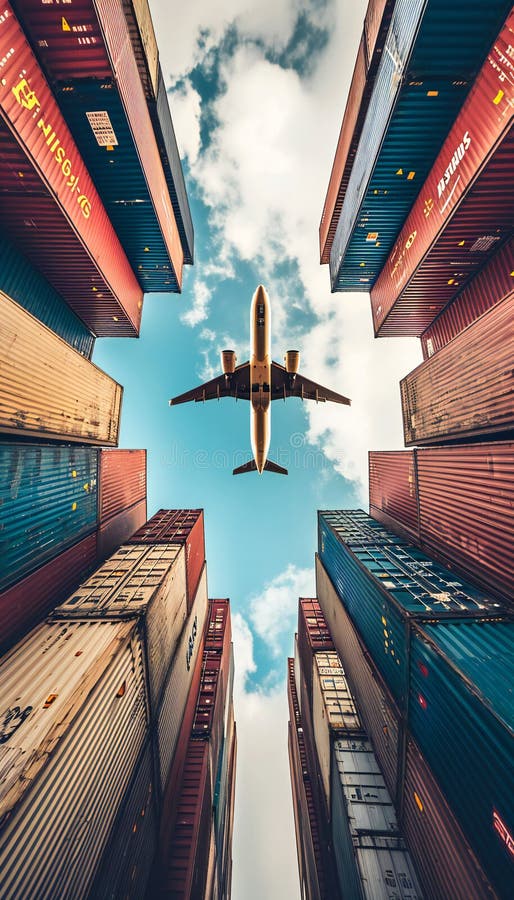Cargo Plane Flying Above Colorful Shipping Containers Stock ...
