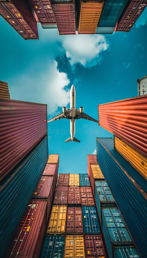 An Air Cargo Plane Flying Above Colorful Containers Stock Illustration ...