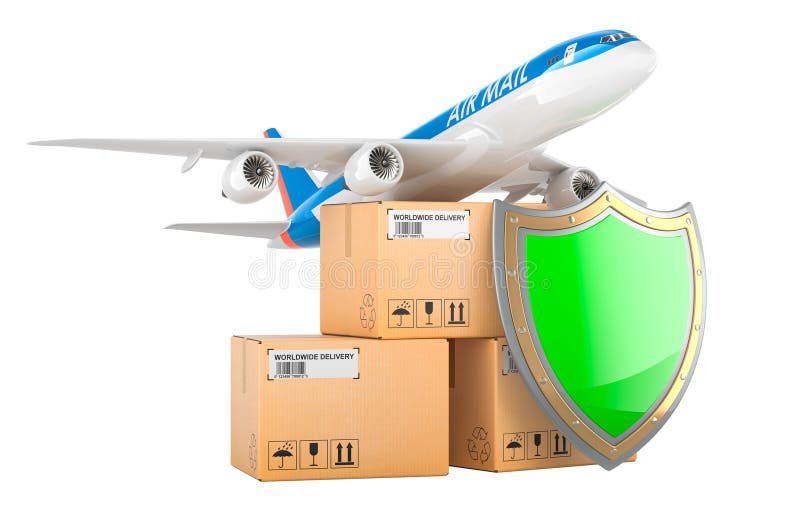 Air Cargo Safety, Concept. Parcels with Mail Aeroplane and Shield Stock ...