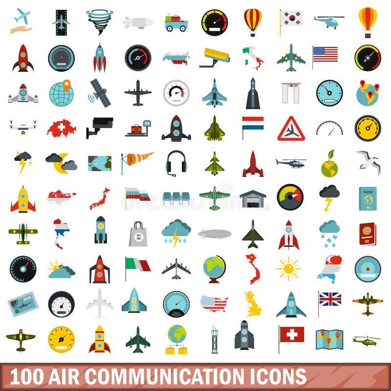 100 Air Communication Icons Set, Flat Style Stock Vector - Illustration ...