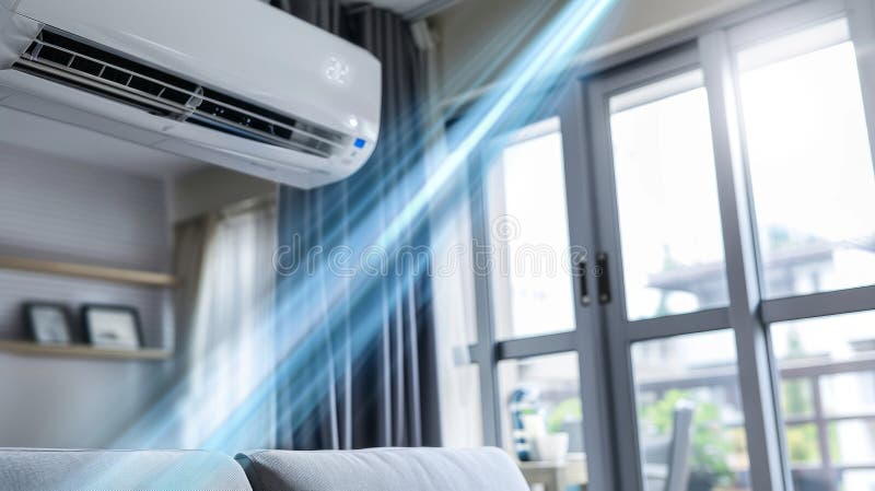 Air Conditioner Cooling Down Room, Air Conditioner and Window with Blue ...
