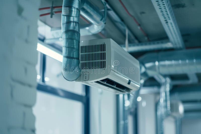 Air Conditioner Hanging from Ceiling with Exposed Ventilation System ...