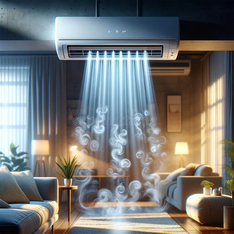 The Air Conditioner Hangs on the Wall and Blows Fresh Cool Air. Stock ...