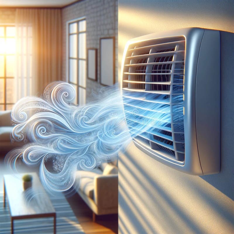 The Air Conditioner Hangs on the Wall and Blows Fresh Cool Air. Stock ...