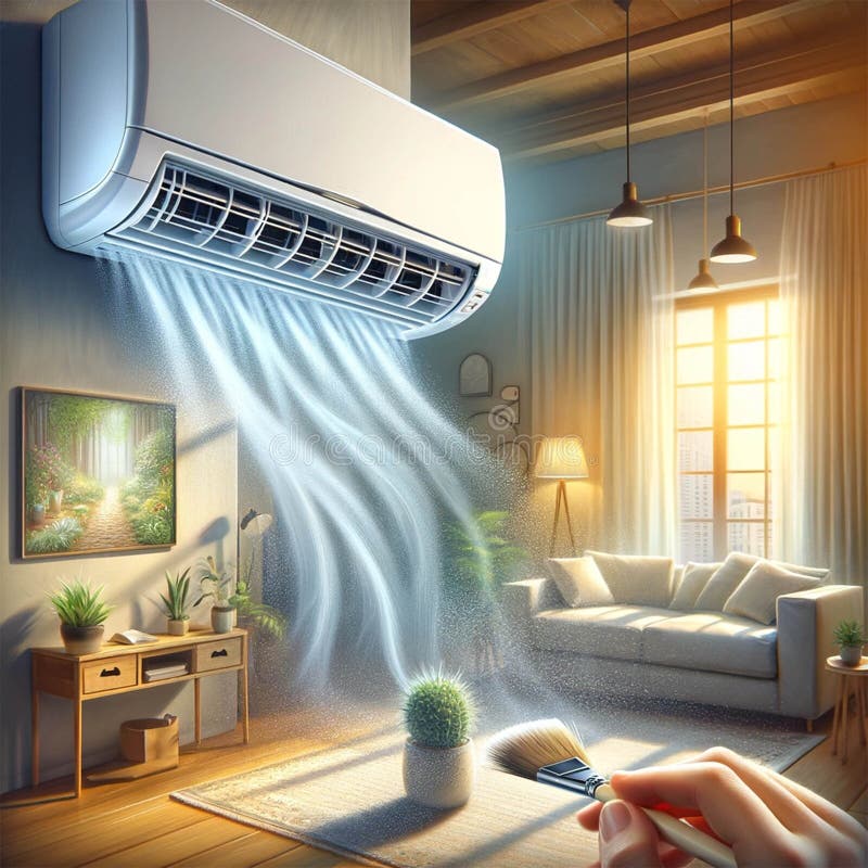 The Air Conditioner Hangs on the Wall and Blows Fresh Cool Air. Stock ...