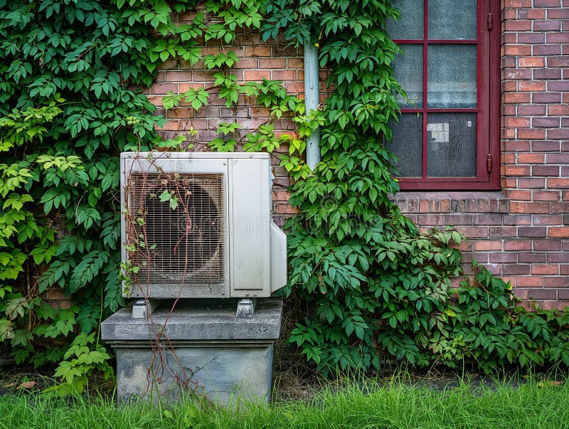 Air Conditioner Unit on Brick Wall with Green Vines Stock Image - Image ...