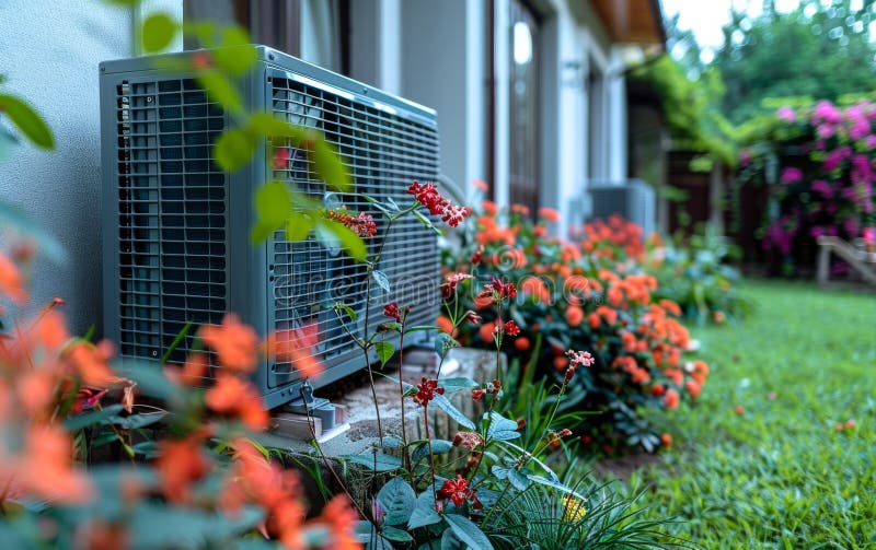 Air Conditioner Unit Installed Outside the House Surrounded by Flowers ...