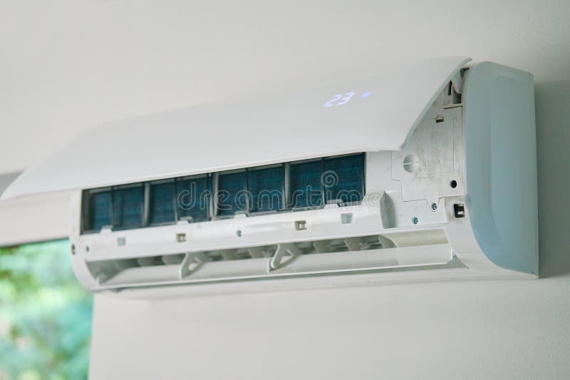 Air Conditioner Unit with Opened Front Cover Ready for Maintenance ...