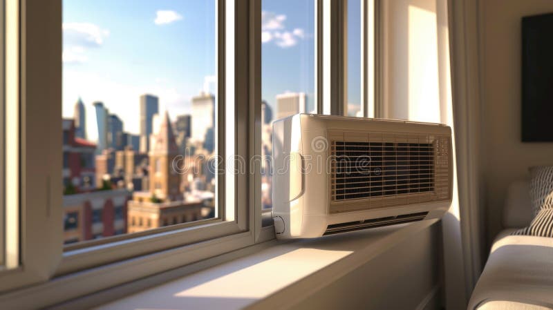 Air Conditioner Unit Sitting Near a Window with a View Stock Photo ...