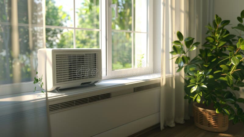 Air Conditioner Unit Sitting beside a Potted Plant on a Window Sill ...
