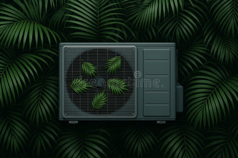 Air Conditioner Unit Surrounded by Green Palm Leaves in a Tropical ...