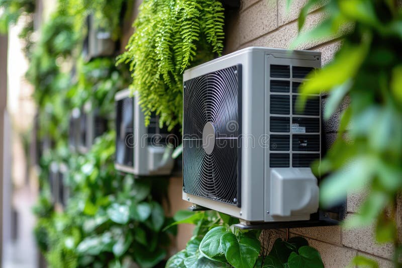 Air Conditioner Units Cooling Building with Green Wall Stock ...