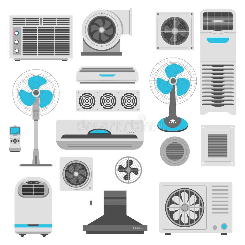 Air Conditioner and Ventilator Units Set in White and Blue Stock Vector ...