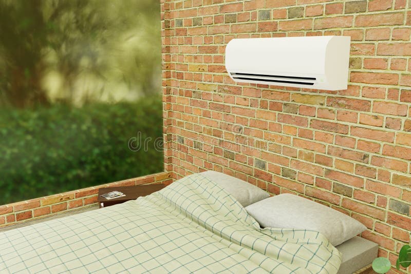 Air Conditioning in a Brick Room with a Bed Side View 3d Render Stock ...