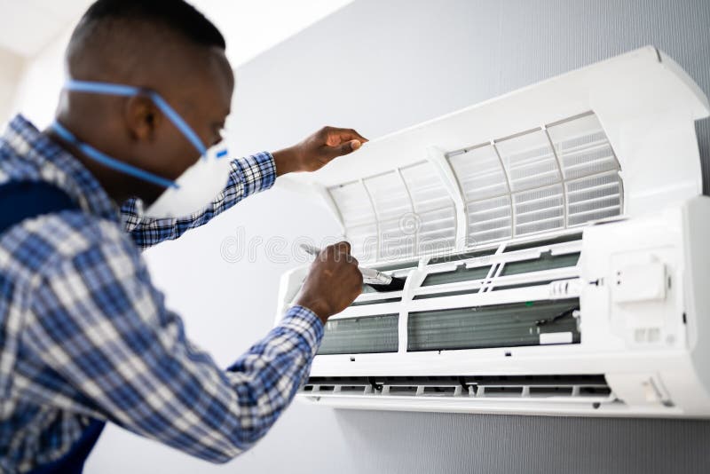 Man Cleaning Air Conditioning System Stock Image - Image of cool ...